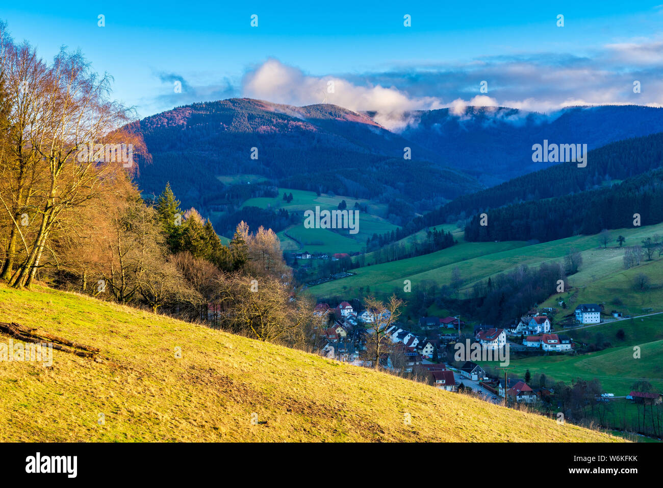 Germany, Small black forest village elzach in magic sunset atmosphere ...