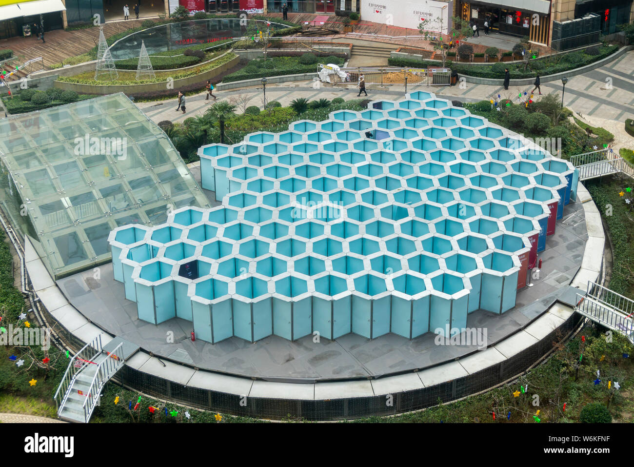 Aerial view of a huge labyrinth featuring a honeycomb with 129 cells ...