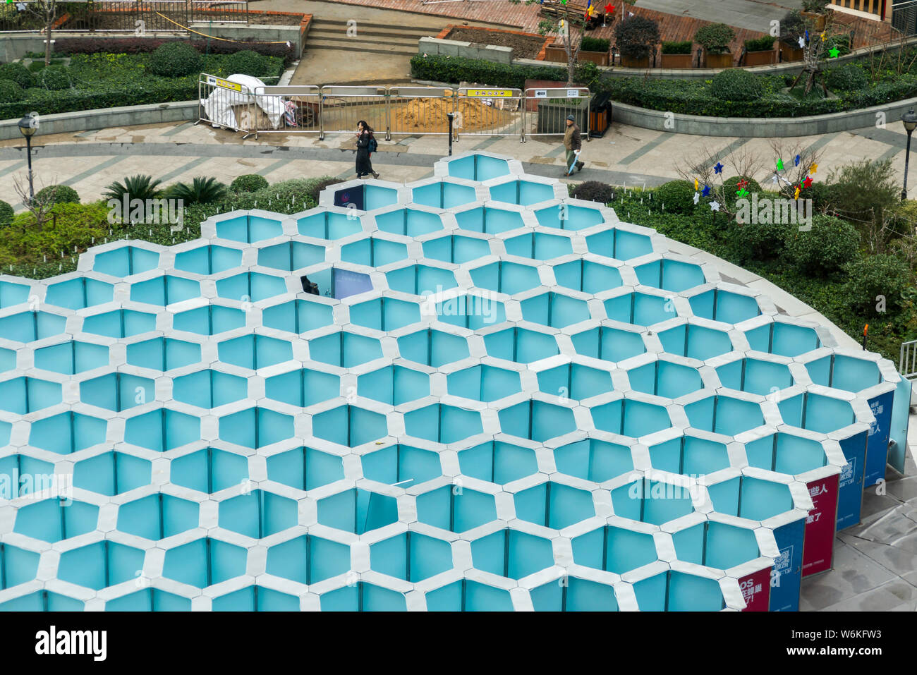 Aerial view of a huge labyrinth featuring a honeycomb with 129 cells ...