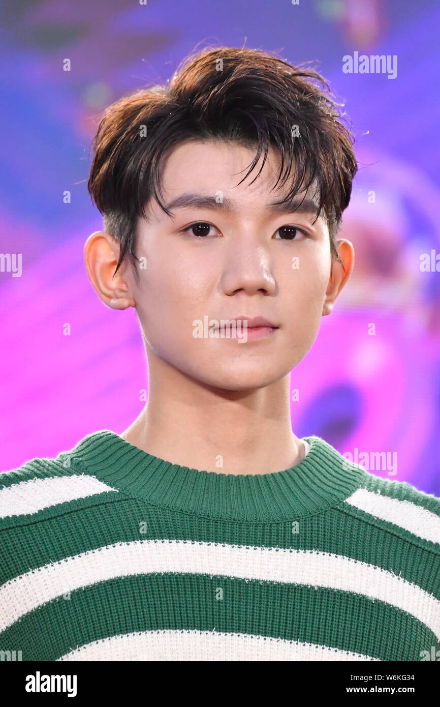 Roy Wang or Wang Yuan of Chinese boy group TFBoys poses at a press conference for 2018 Hunan TV ...