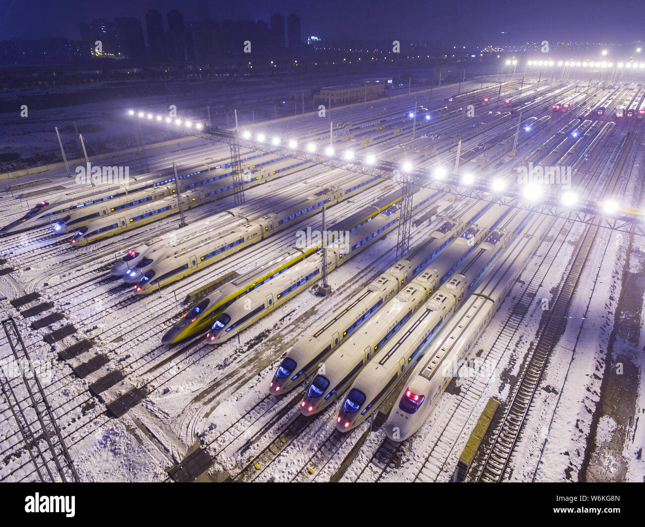 Aerial view of CRH (China Railway High-speed) bullet trains in full ...