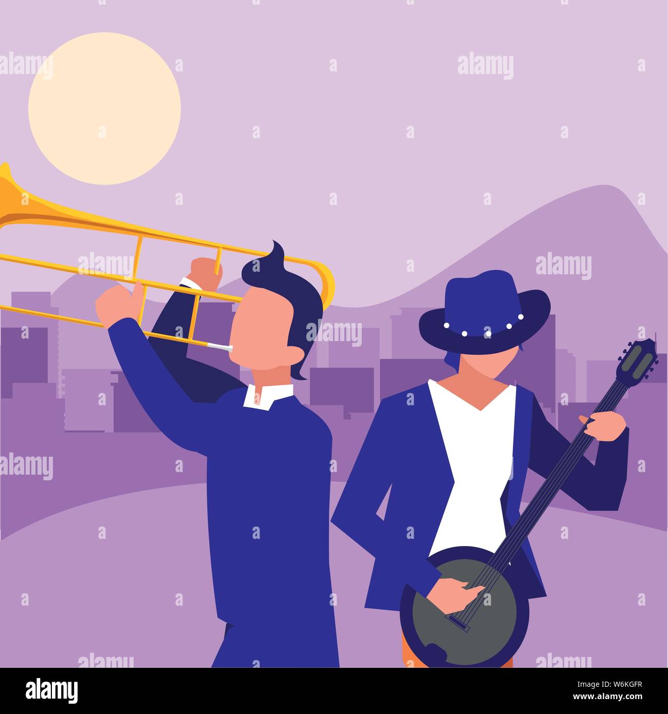 two male musicians playing musical instruments vector illustration ...