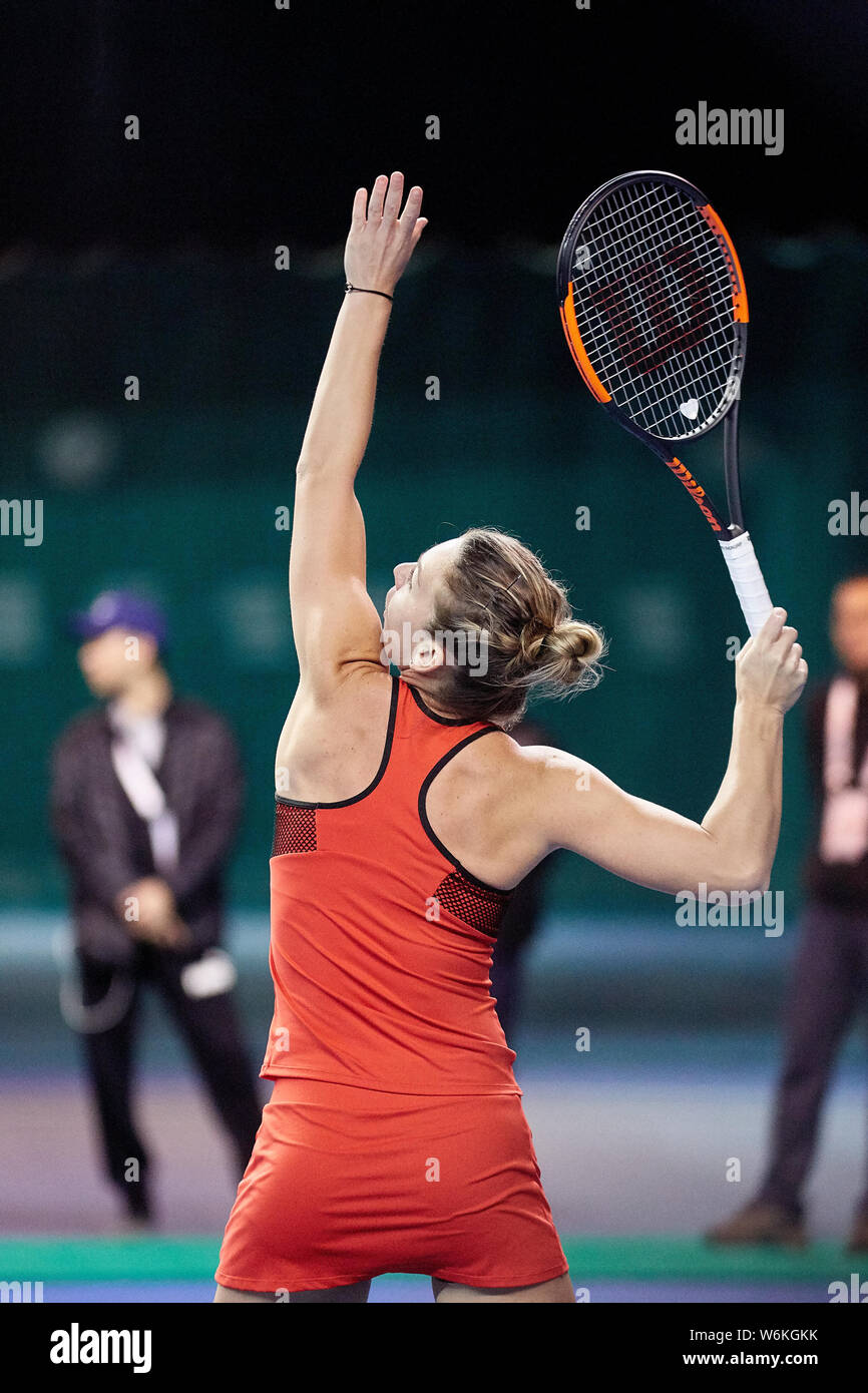 Simona Halep of Romania serves against Katerina Siniakova of Czech ...