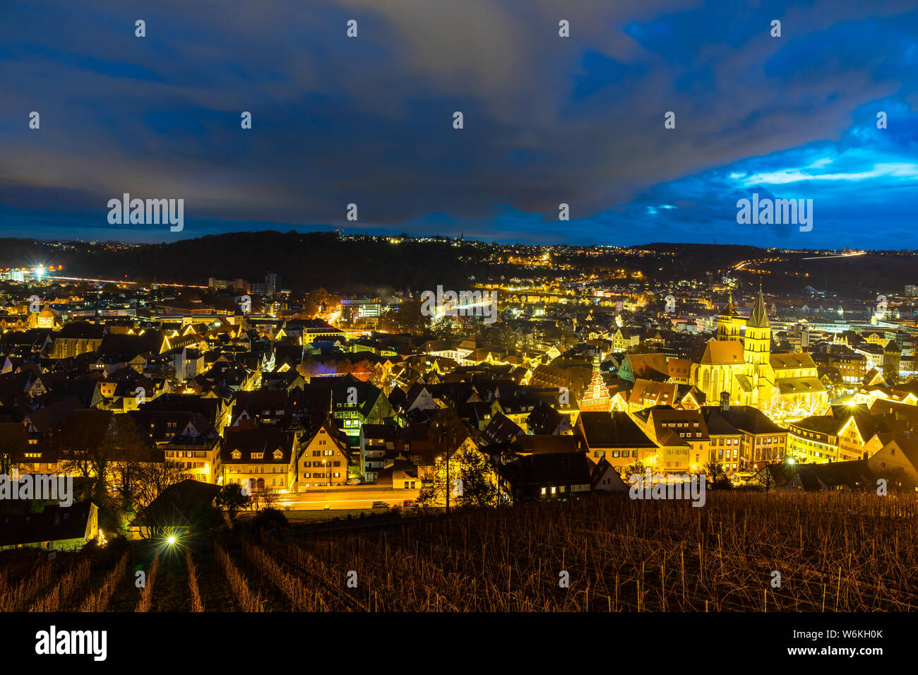 Germany, City lights of esslingen am neckar after sunset Stock Photo ...