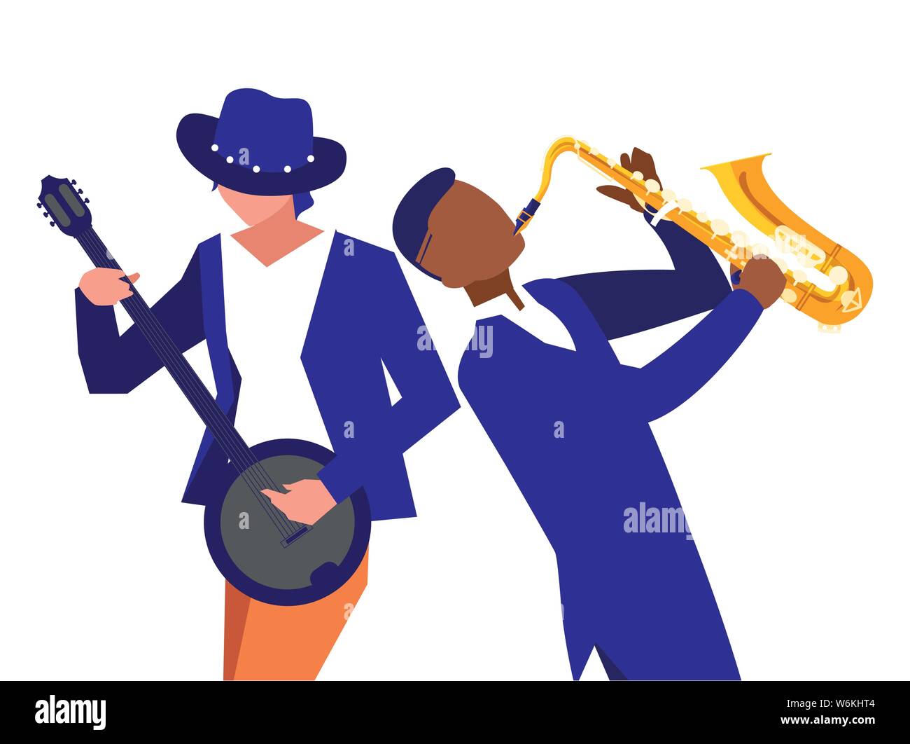 two male musicians playing musical instruments vector illustration ...