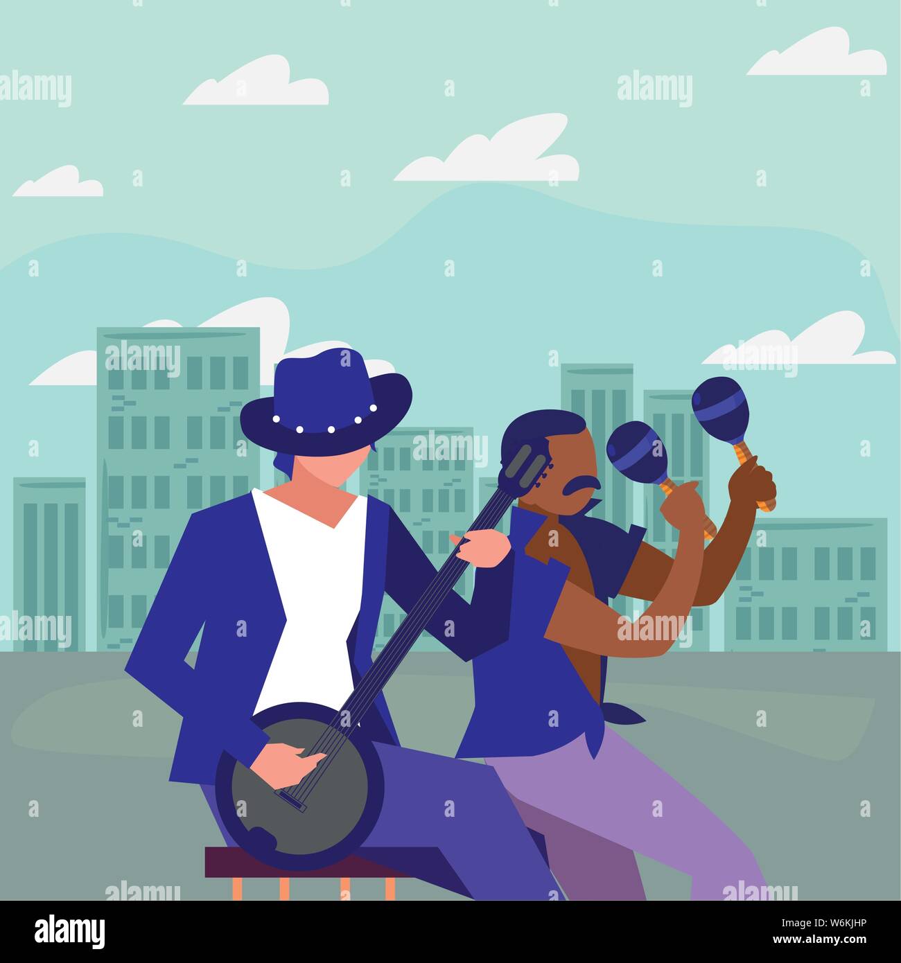 two male musicians playing musical instruments vector illustration ...