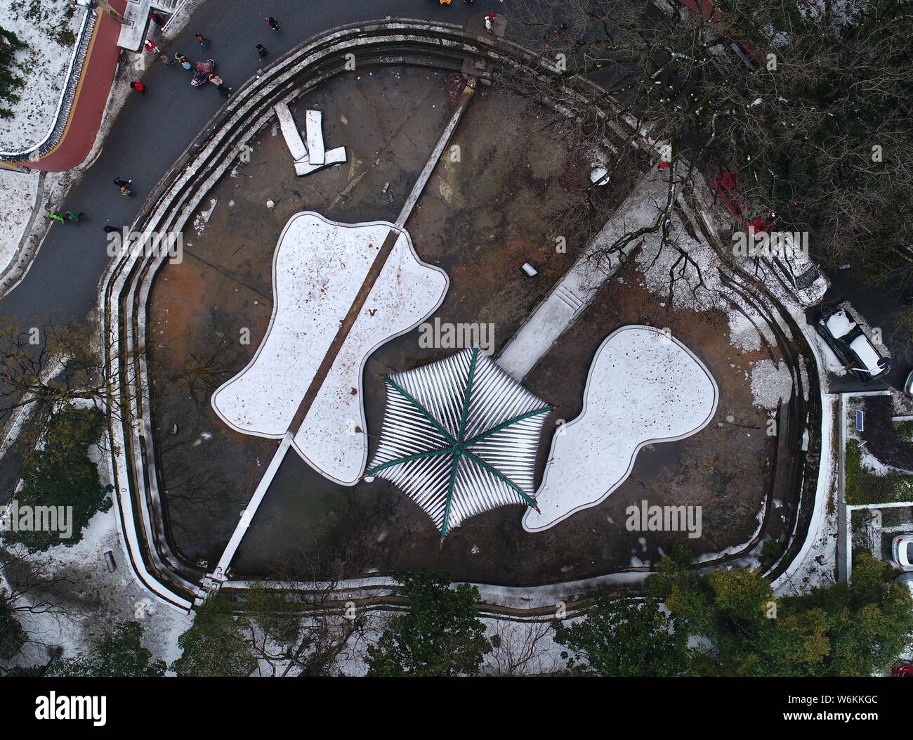 Aerial view of the snow scenery after a snowfall at Hunan Martyr Park ...