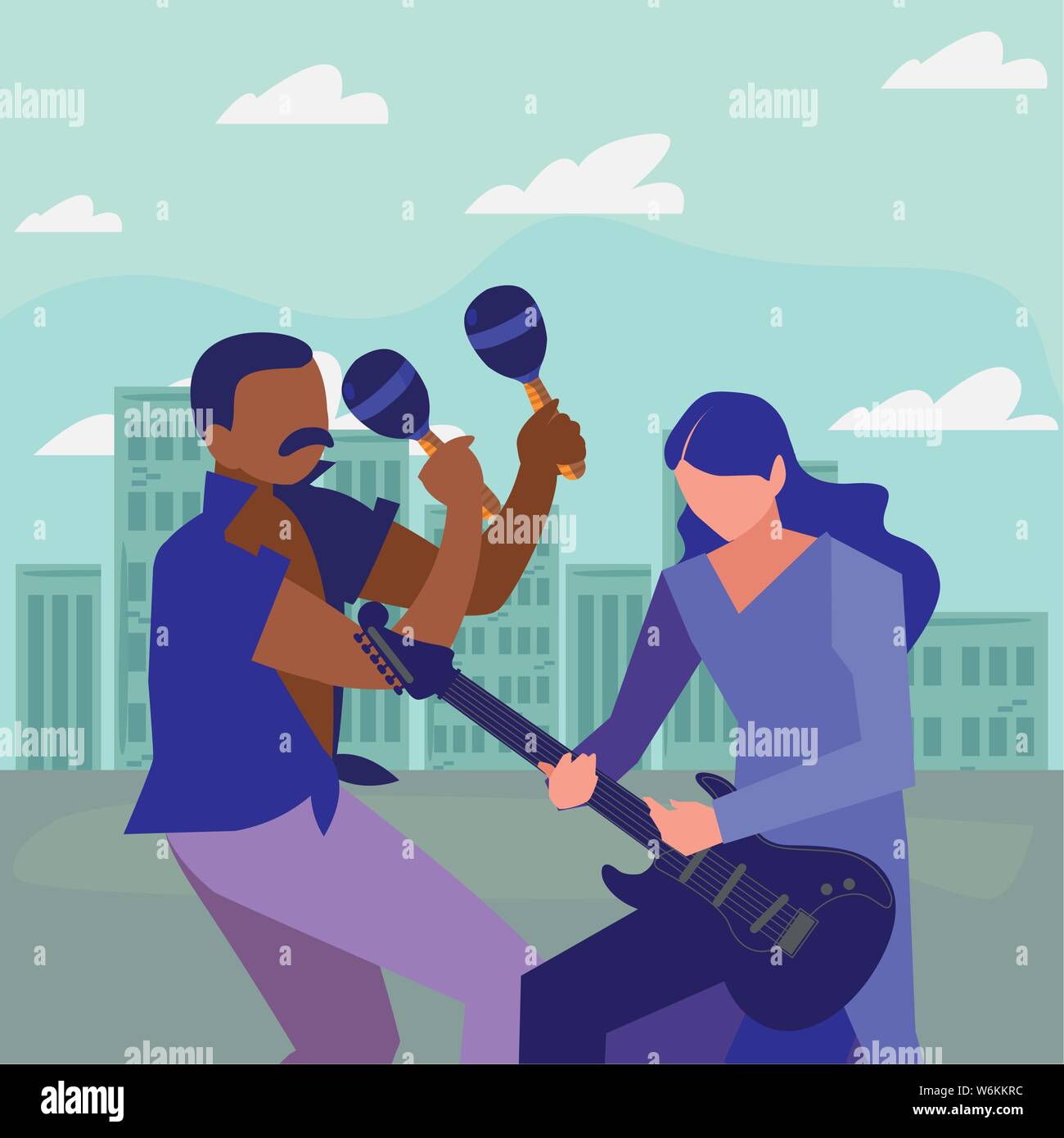 two male musicians playing musical instruments vector illustration ...