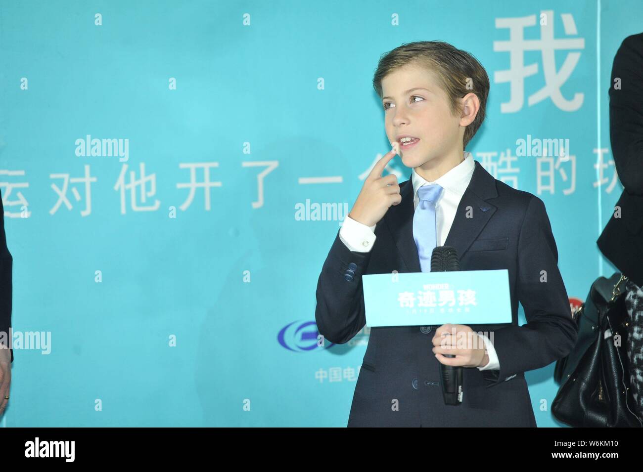 Canadian actor Jacob Tremblay attends a press conference to promote his ...