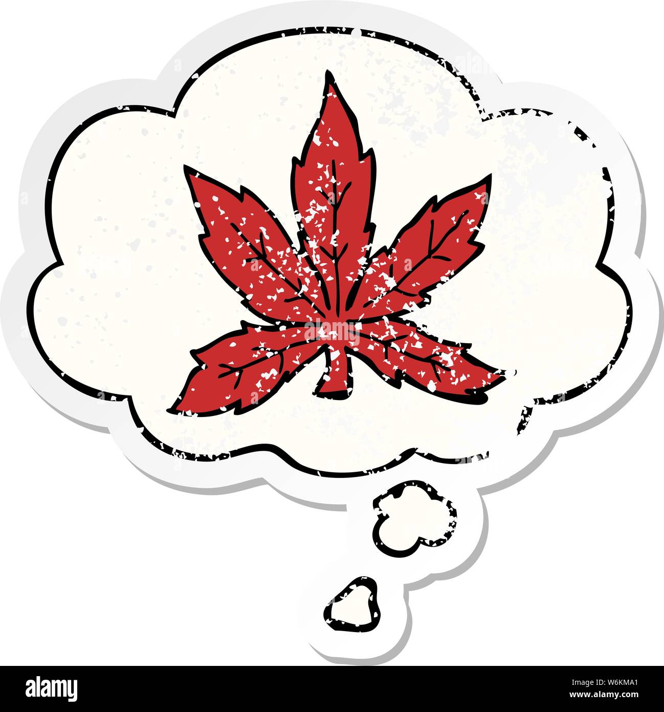 cartoon marijuana leaf with thought bubble as a distressed worn sticker ...