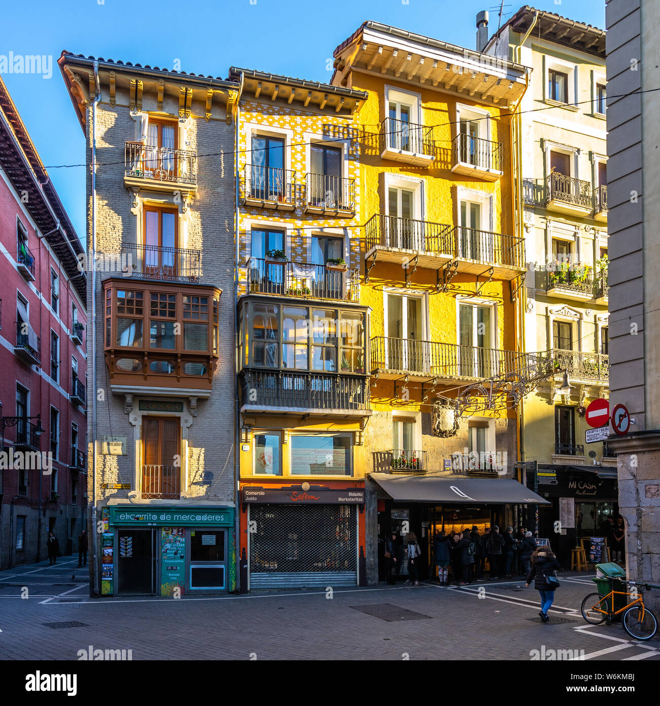 Colorful typical buildings in Pamplona old town. Pamplona, Navarre ...