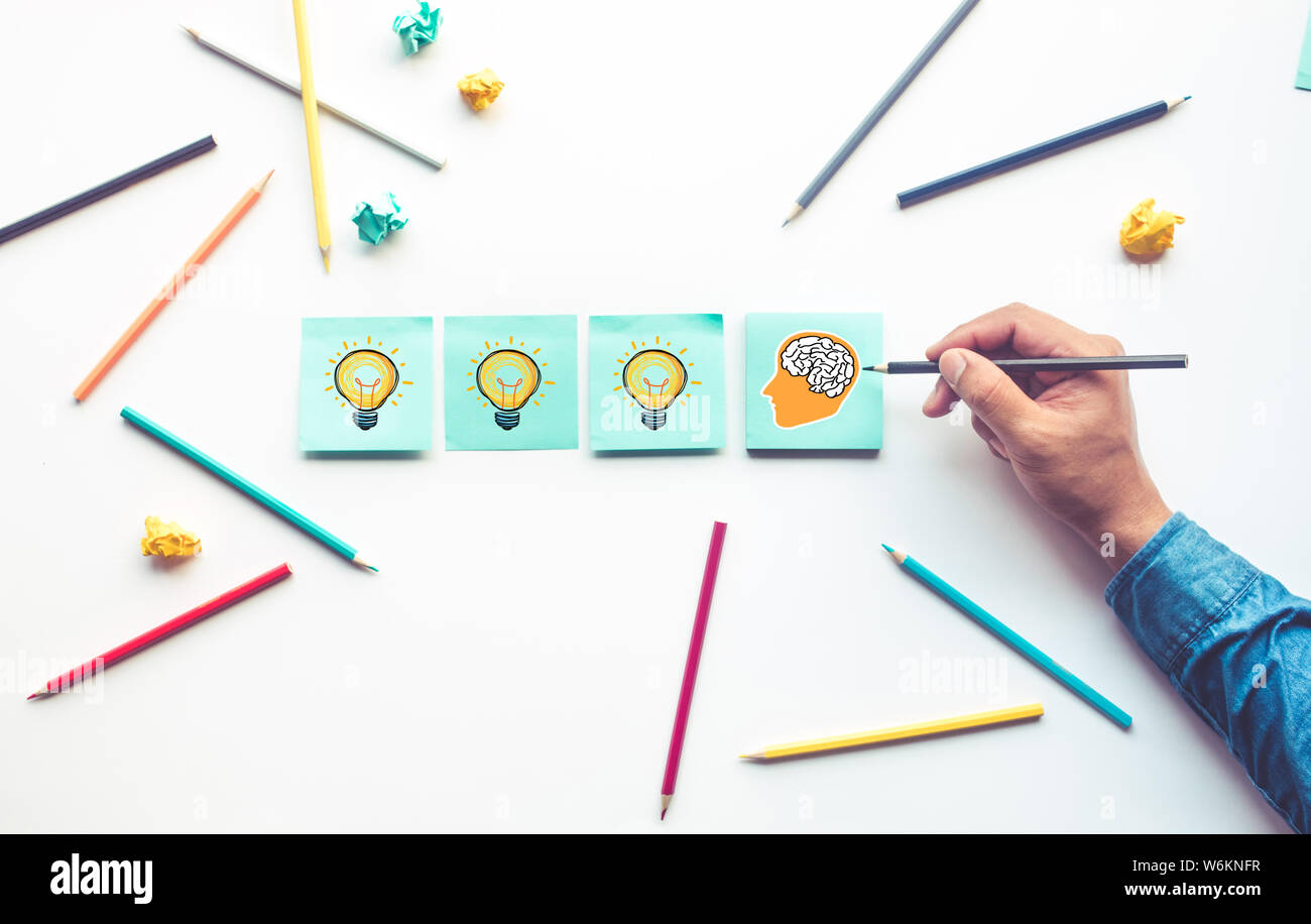 Ideas inspiration concepts with drawing brain in head and lightbulb on ...