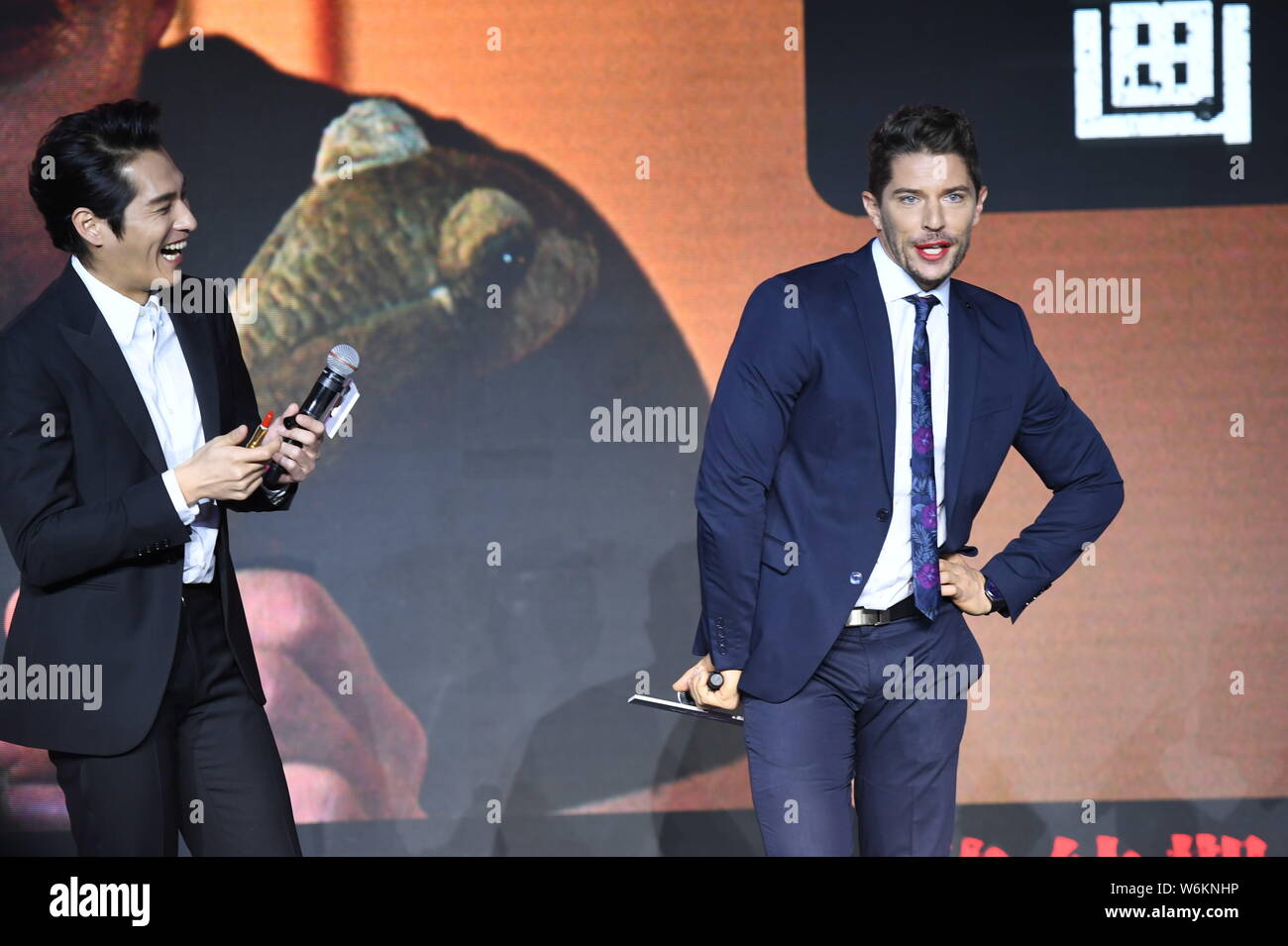 Taiwanese actor Lan Cheng-lung, left, and Australian actor Sam Hayden ...