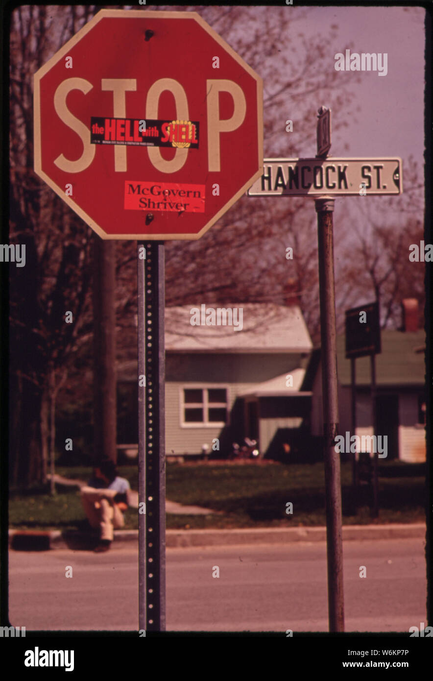 STICKER ON STOP SIGN READS, THE HELL WITH SHELL-IN PENTWATER Stock ...