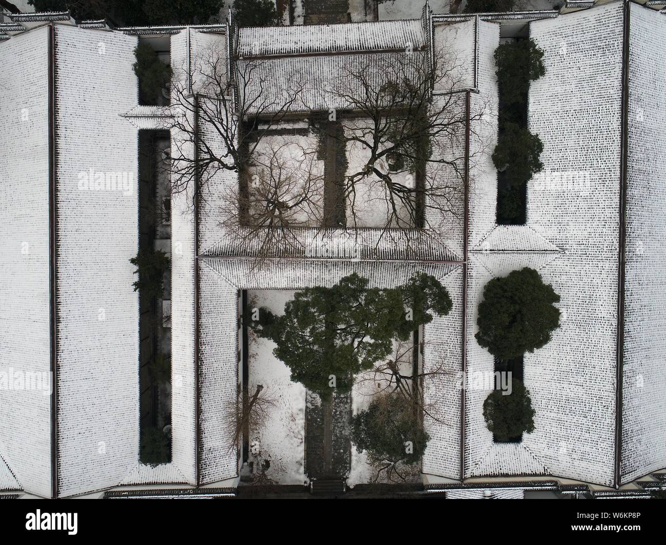 Aerial view of the snow scenery after a snowfall at Hunan Martyr Park ...