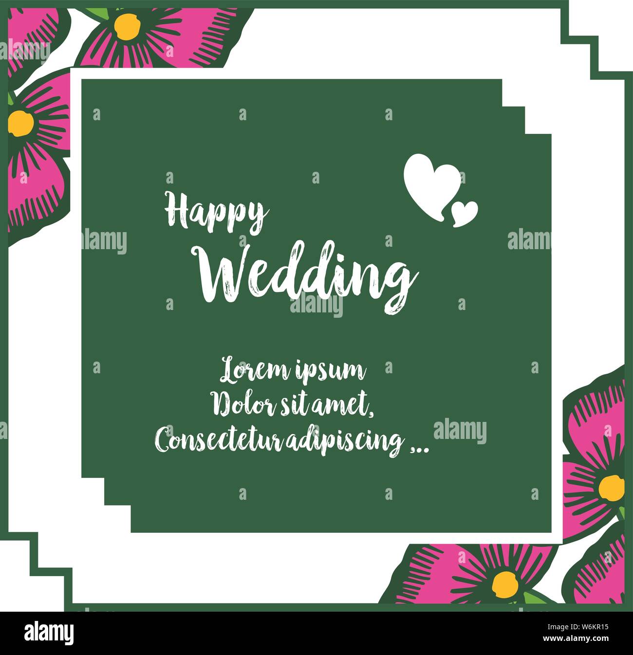 Decorative frame, elegant flowers, lettering of happy wedding, ornate ...