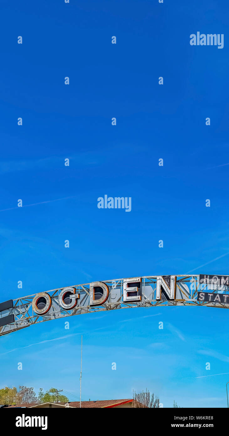 Vertical Towering steel arch at the entrance to the city of Ogden in ...