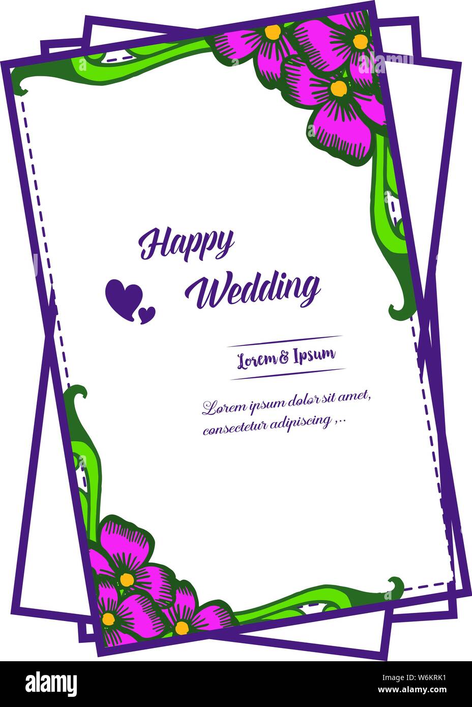 Decorative frame, elegant flowers, lettering of happy wedding, ornate ...