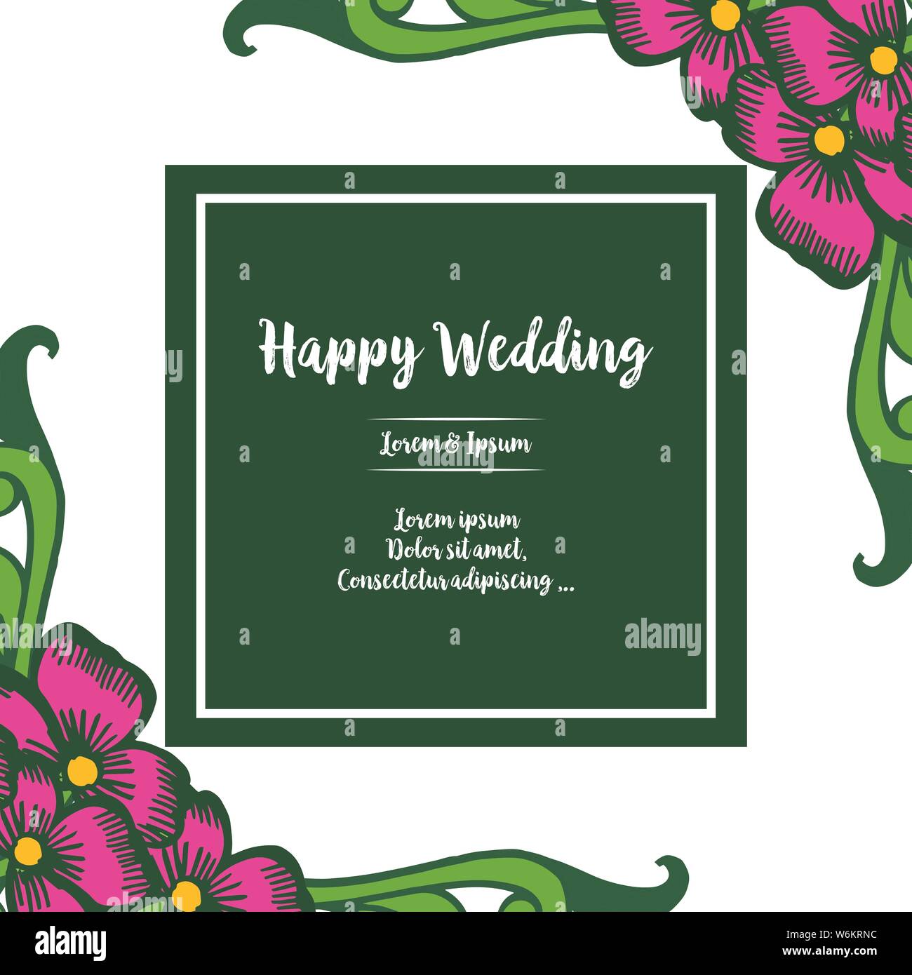 Decorative frame, elegant flowers, lettering of happy wedding, ornate ...
