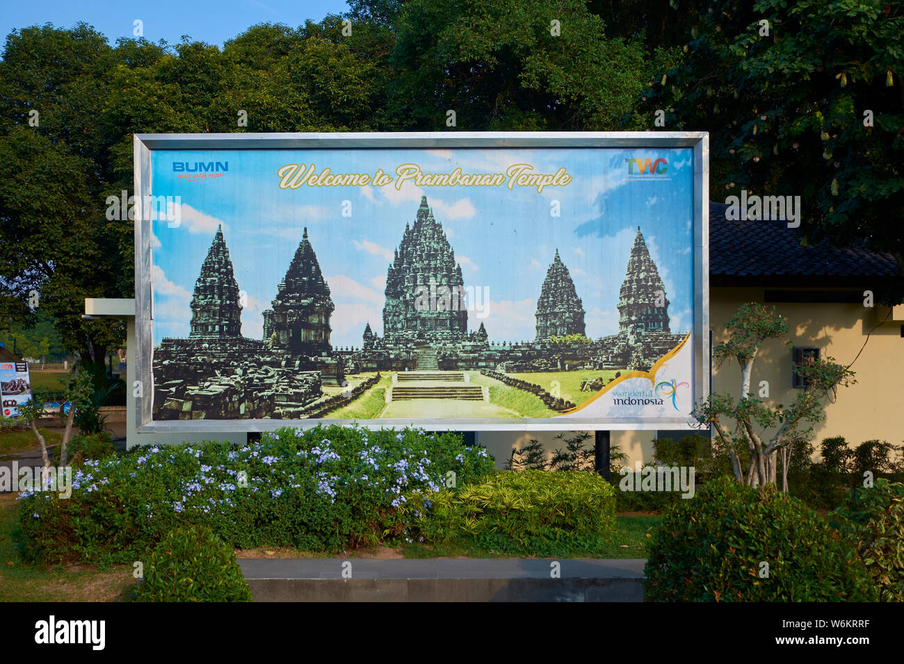 Welcome greeting billboard at Prambanan Temple near Yogyakarta ...