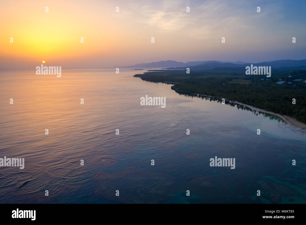 Aerial view of tropical beach at sunrise.Samana peninsula,Bahia ...