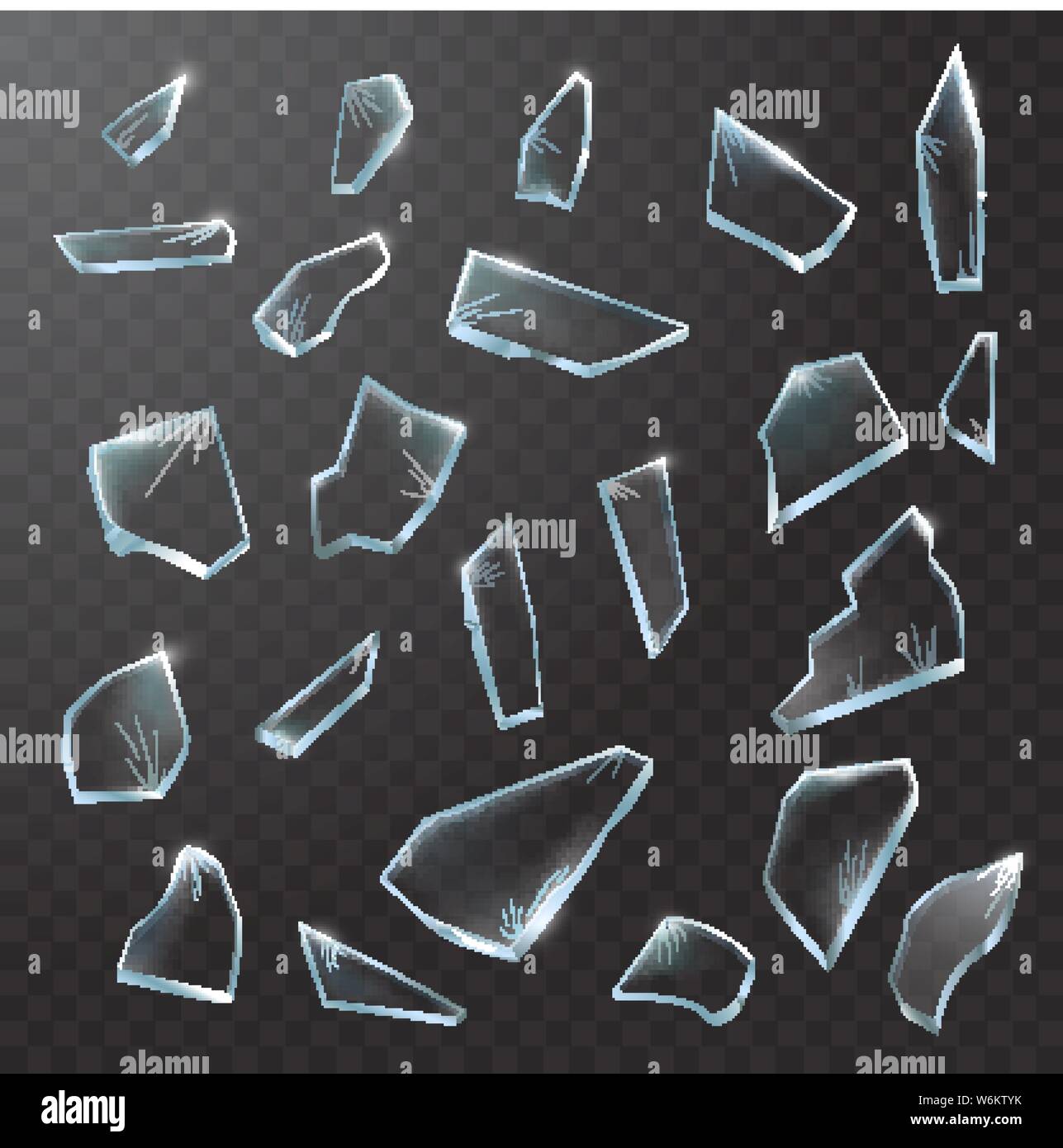 Broken glass pieces. Shattered glass on black transparent background. Vector realistic ...