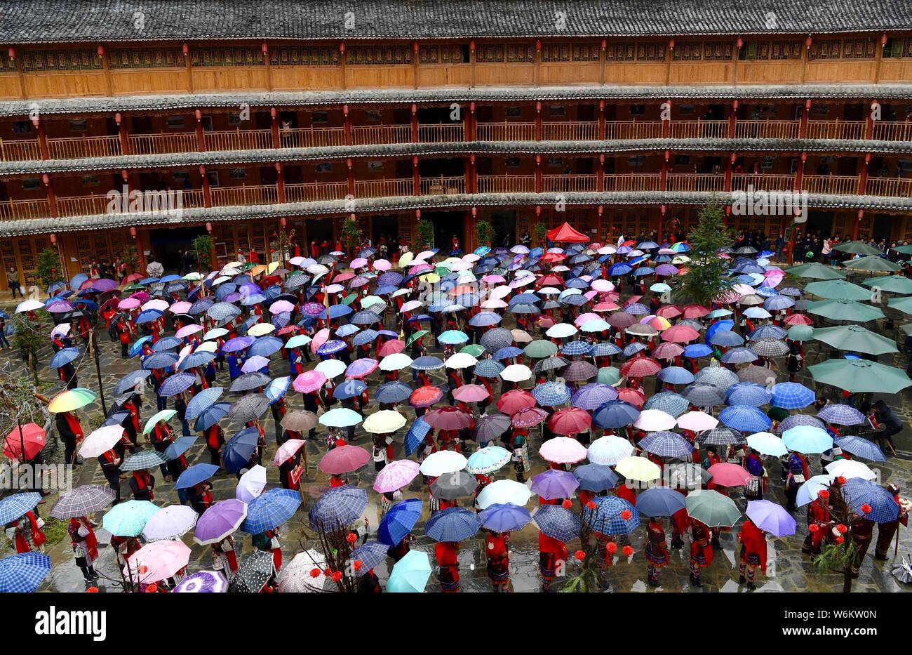 Chinese people of Dong ethnic group dressed in traditional costumes ...