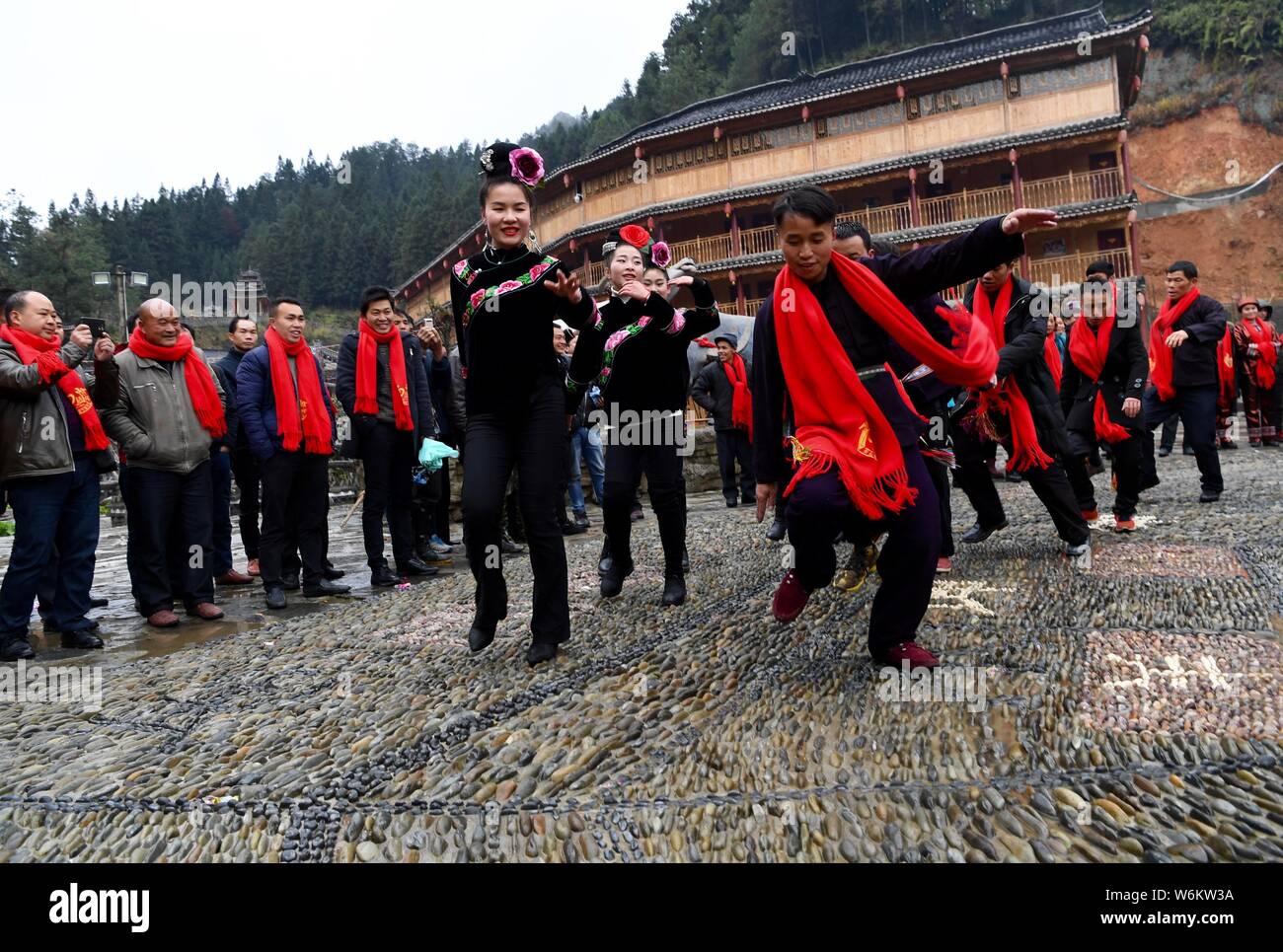 Chinese people of Dong ethnic group dressed in traditional costumes ...