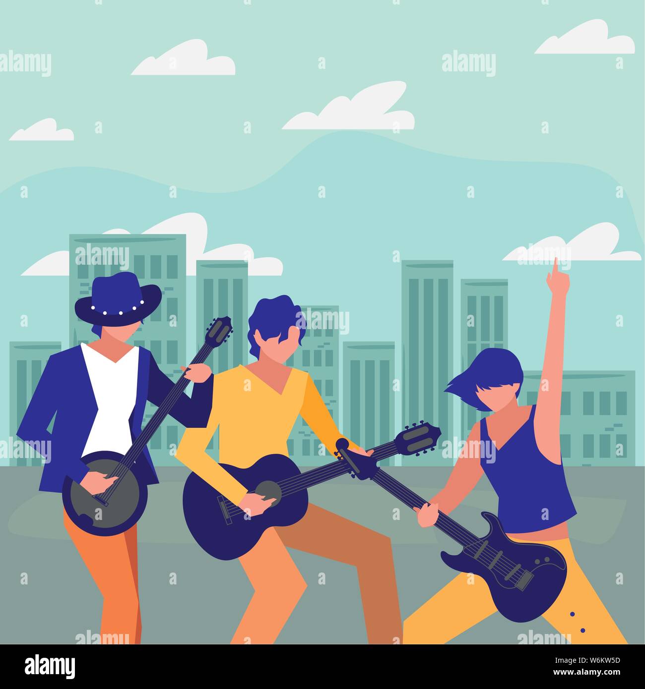 two male musicians playing musical instruments vector illustration ...