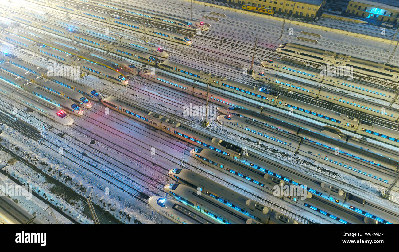 Aerial view of CRH (China Railway High-speed) bullet trains in full ...