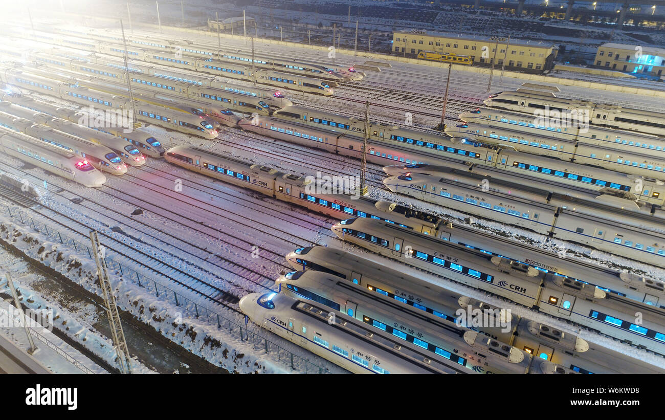 Aerial view of CRH (China Railway High-speed) bullet trains in full ...