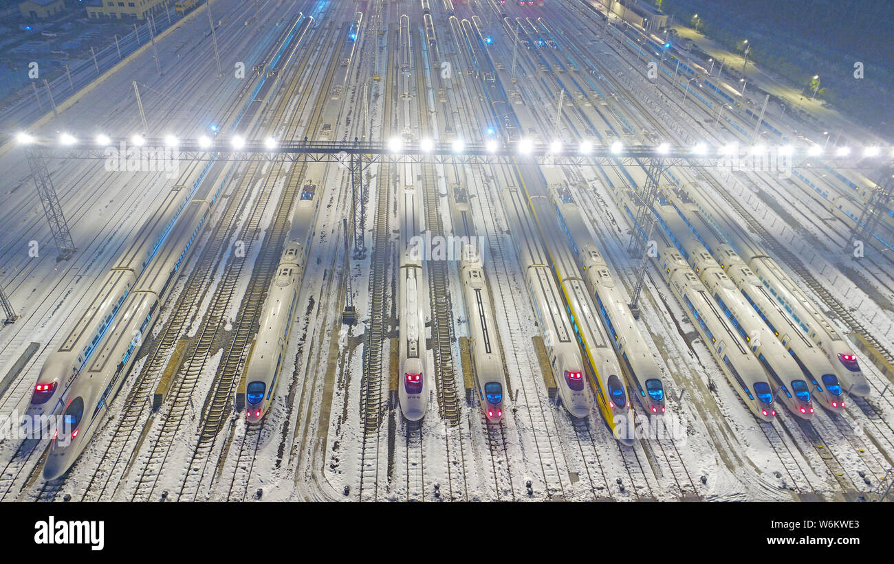 Aerial view of CRH (China Railway High-speed) bullet trains in full ...