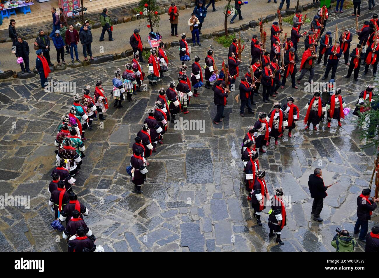 Chinese people of Dong ethnic group dressed in traditional costumes ...