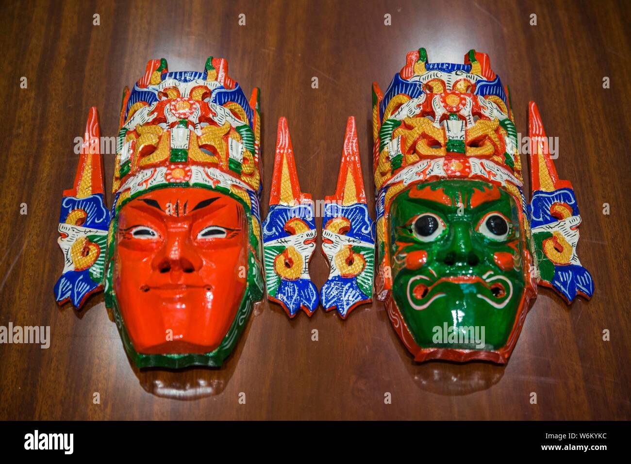 View of facial masks of Dixi, a local folk opera, made by Chinese ...