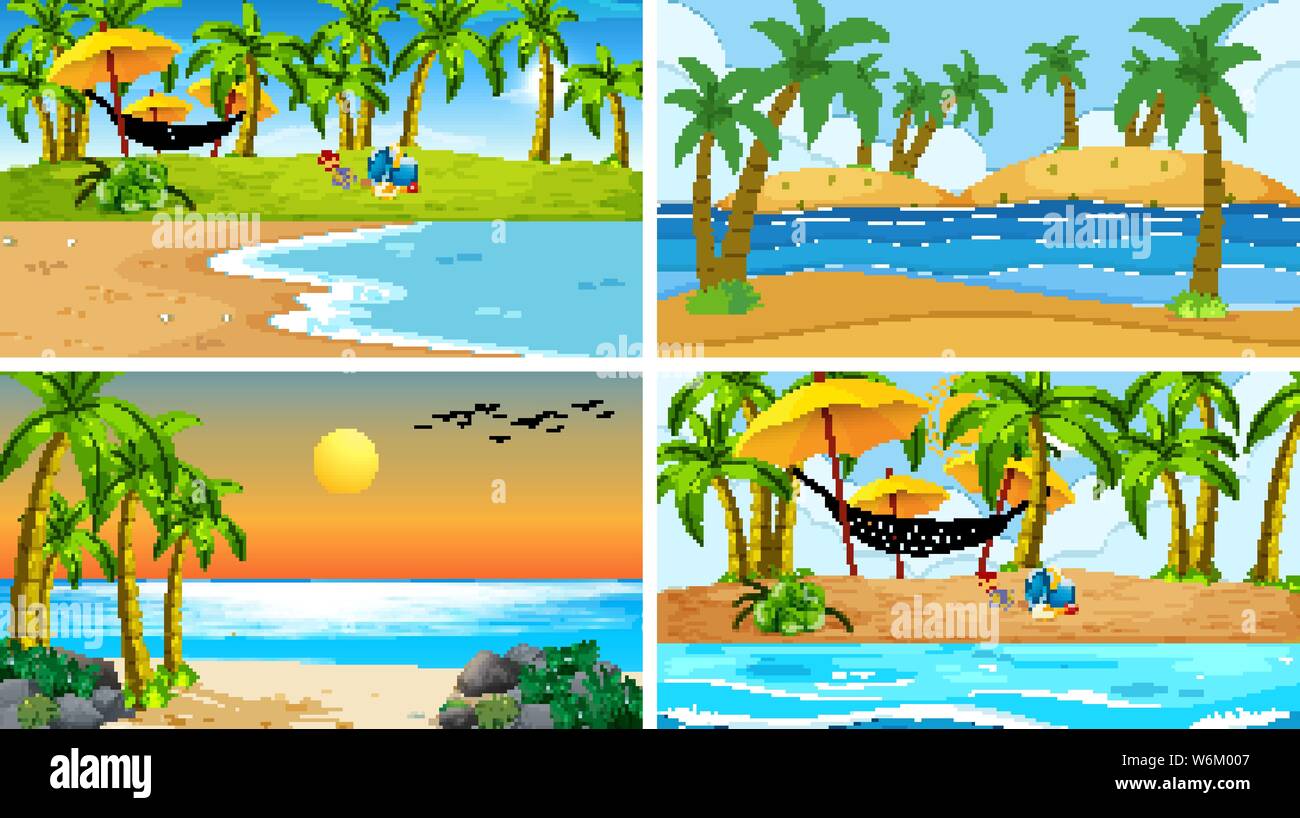 Set of tropical ocean nature scenes with beaches illustration Stock ...