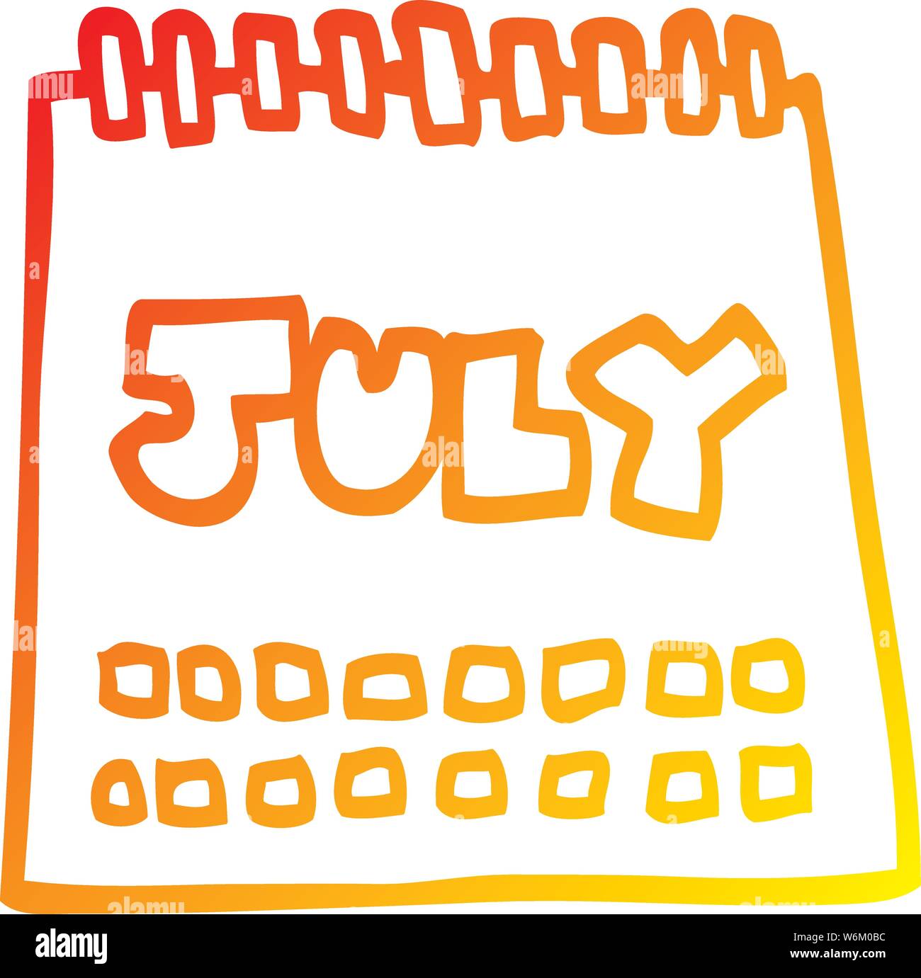 warm gradient line drawing of a cartoon calendar showing month of july ...