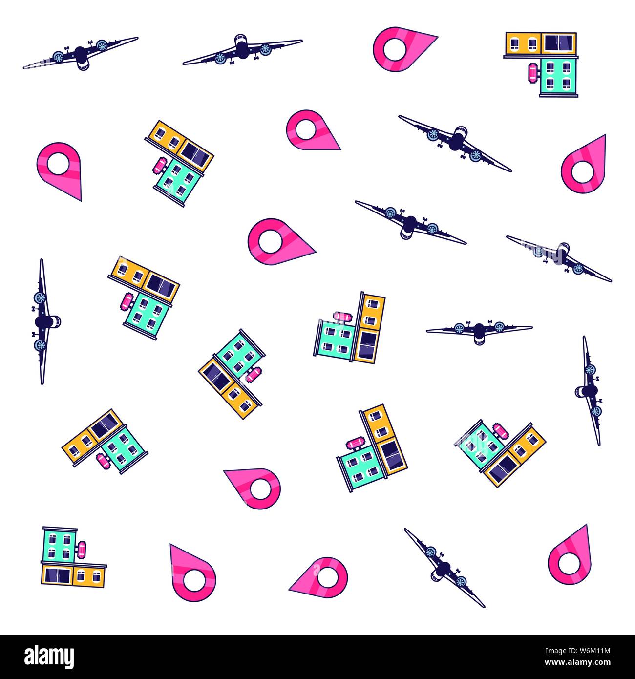 pattern of airplanes with pins location and hotel buildings vector ...