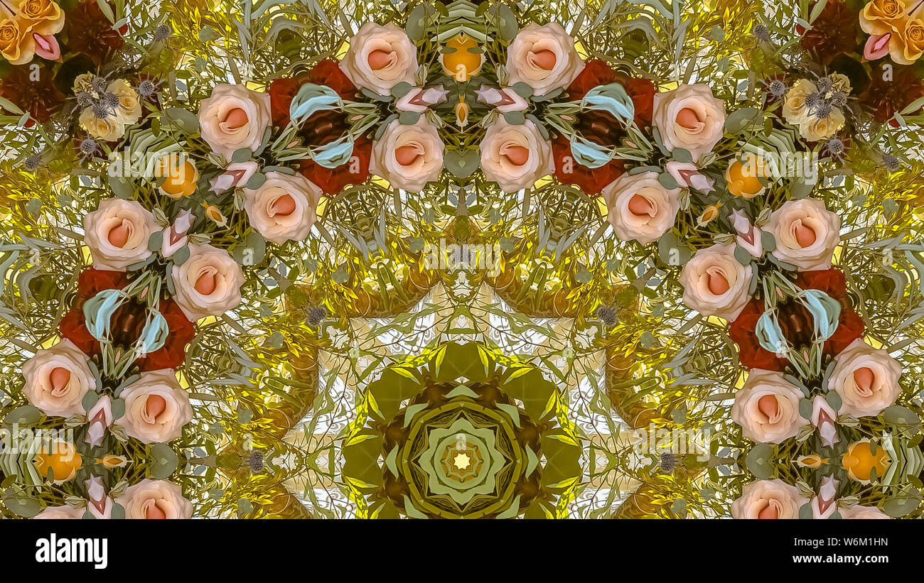 Panorama frame Muted pink red and green flowers in circular arrangement ...