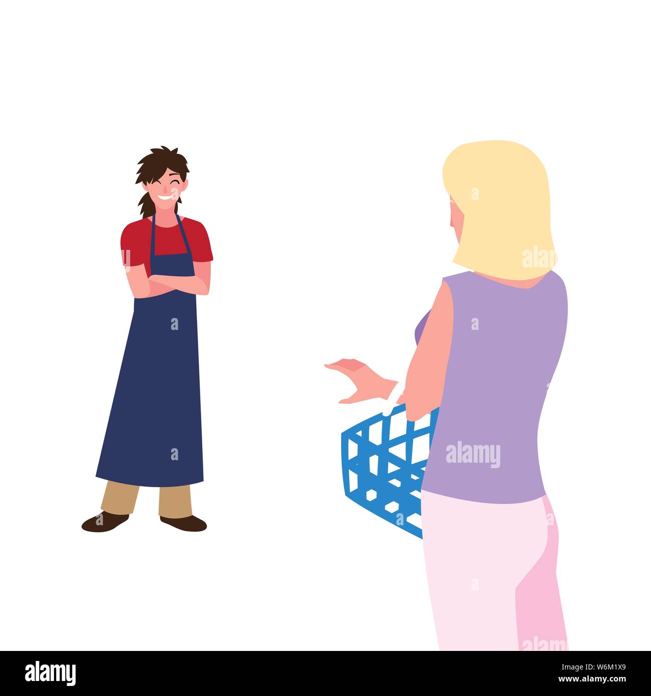 seller woman with customer holding basket vector illustration Stock ...