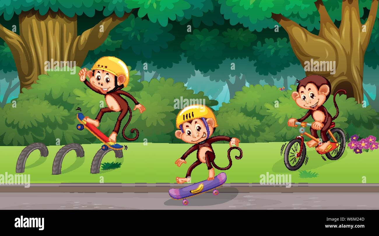 Monkeys playing in park scene illustration Stock Vector Image & Art - Alamy