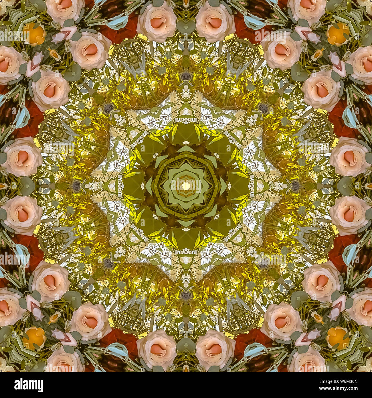 Square Muted pink red and green flowers in circular arrangement at ...