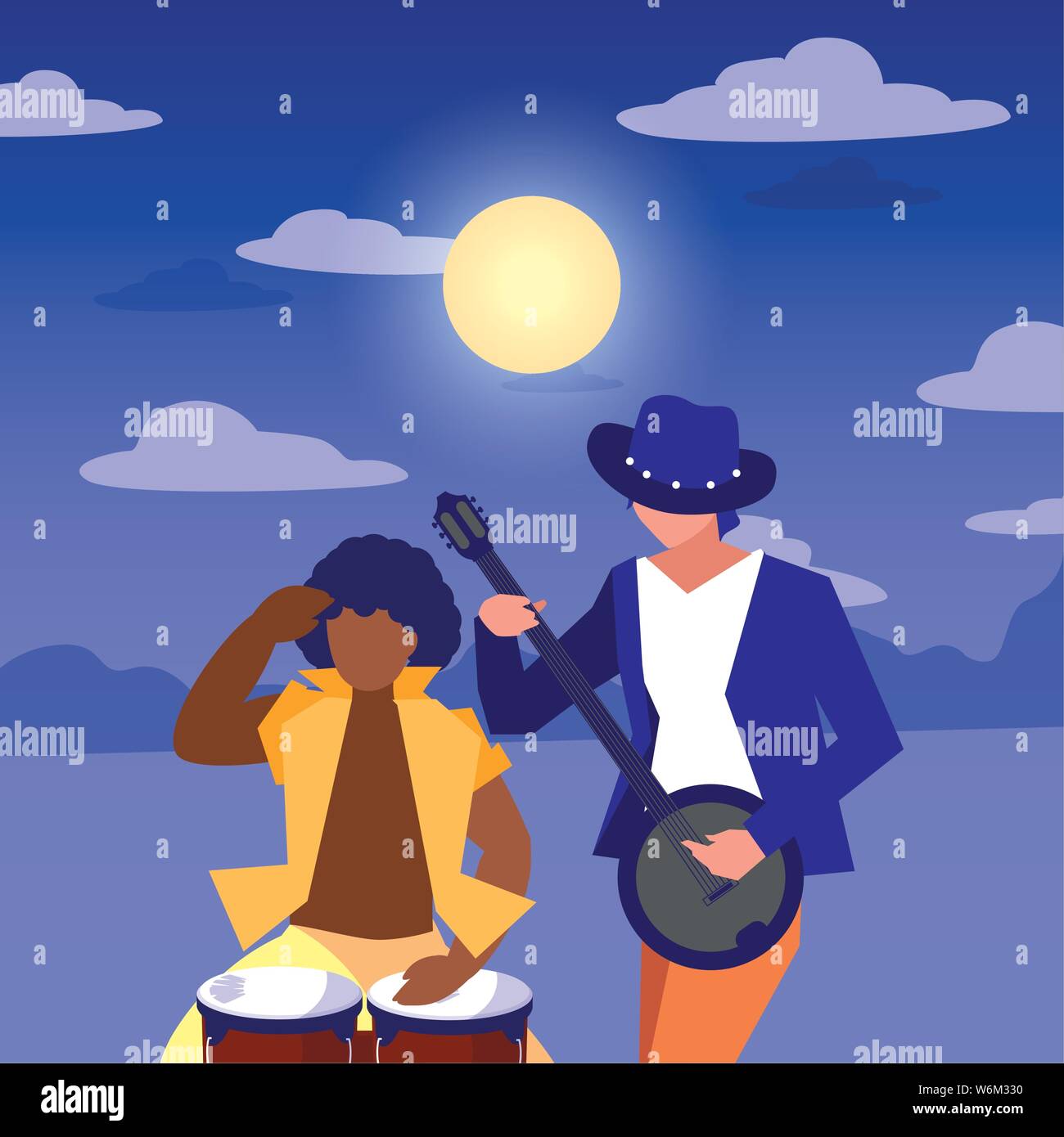 two male musicians playing musical instruments vector illustration ...