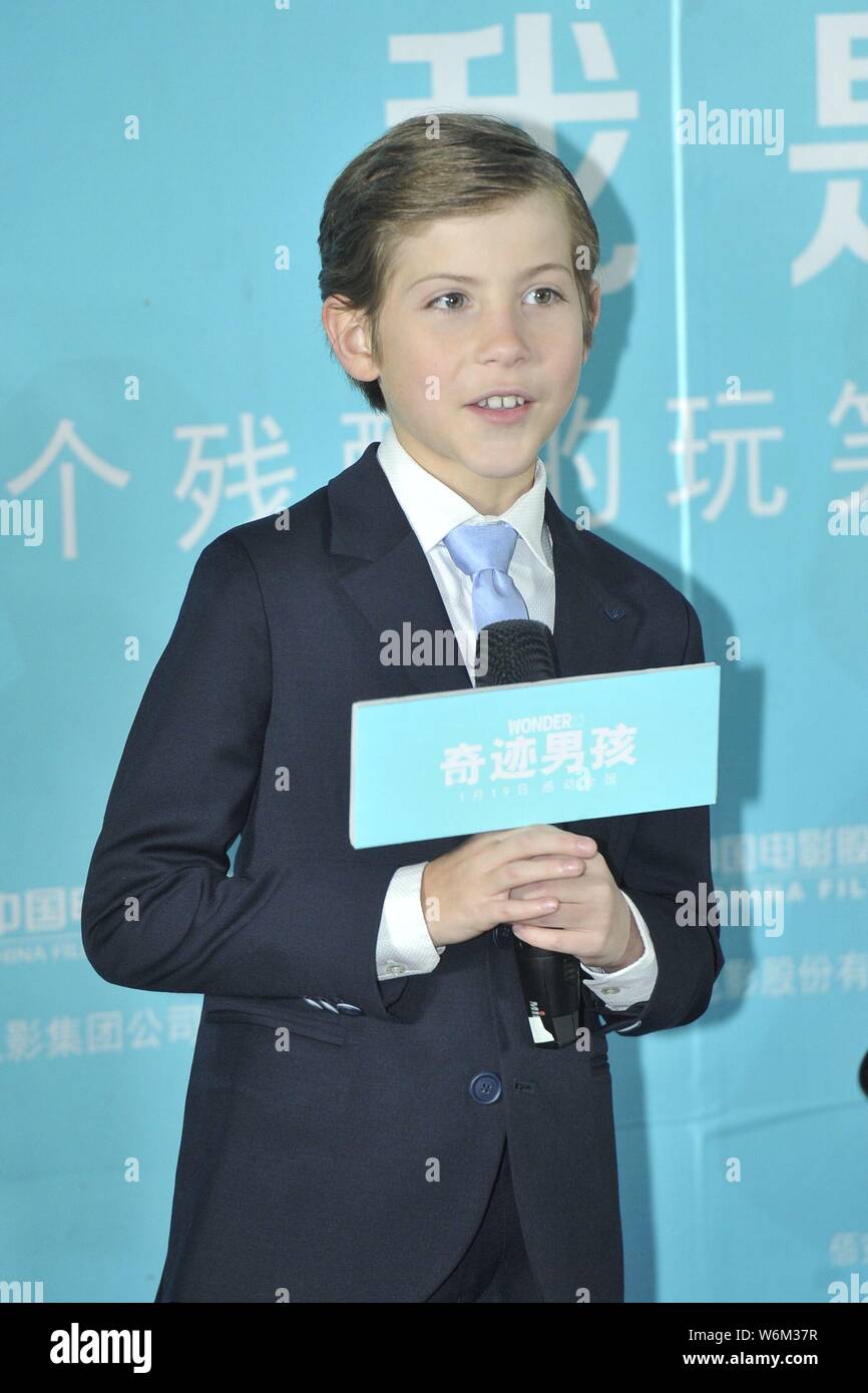 Canadian actor Jacob Tremblay attends a press conference to promote his ...