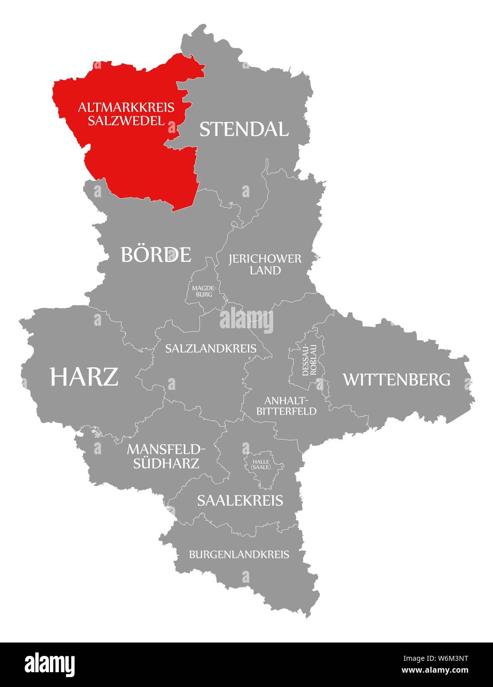 Altmarkkreis Salzwedel red highlighted in map of Saxony Anhalt Germany ...