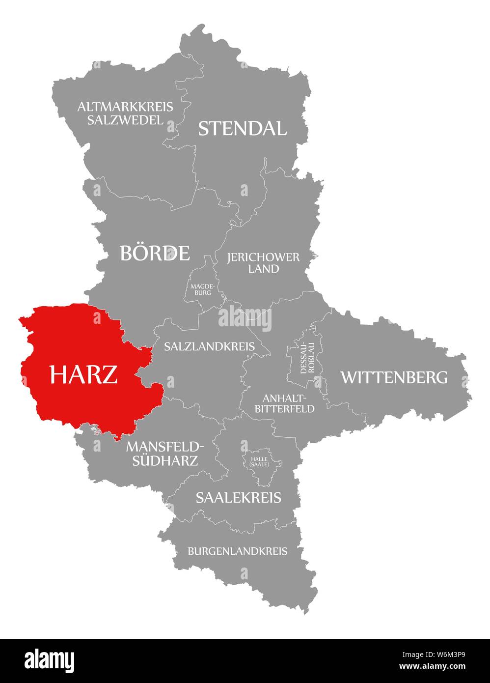 Harz red highlighted in map of Saxony Anhalt Germany DE Stock Photo - Alamy