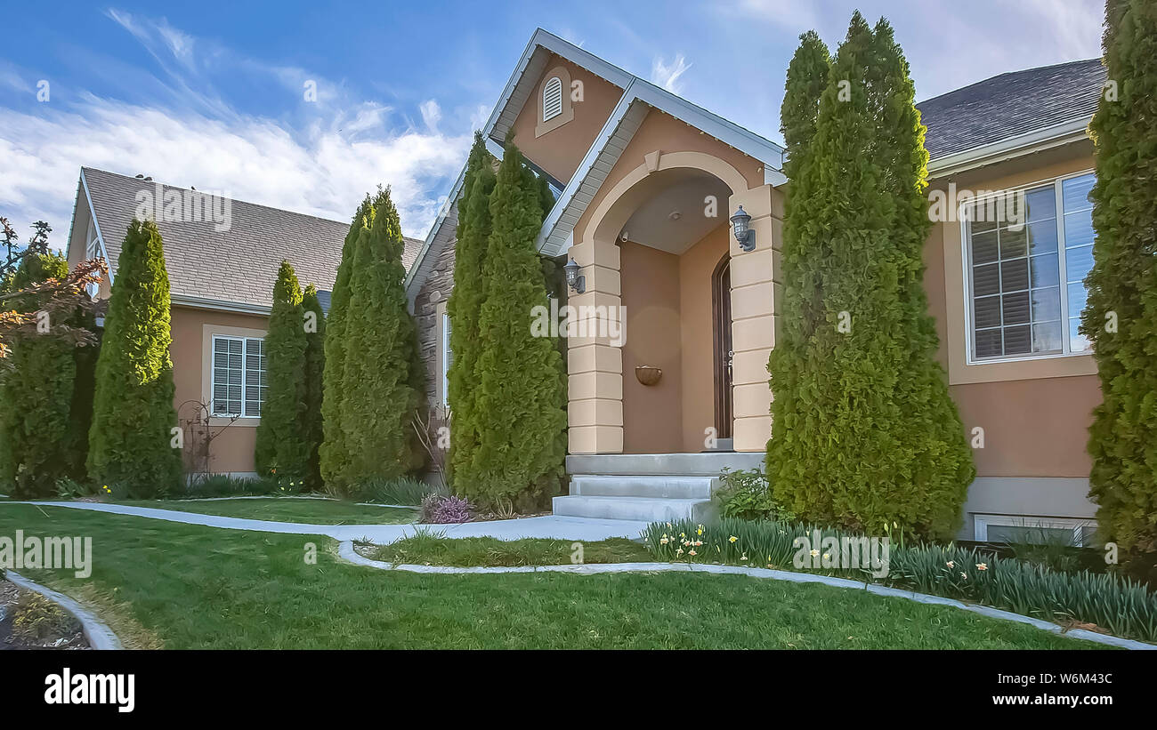 Panorama frame Yard and conical shaped trees at the facade of home ...