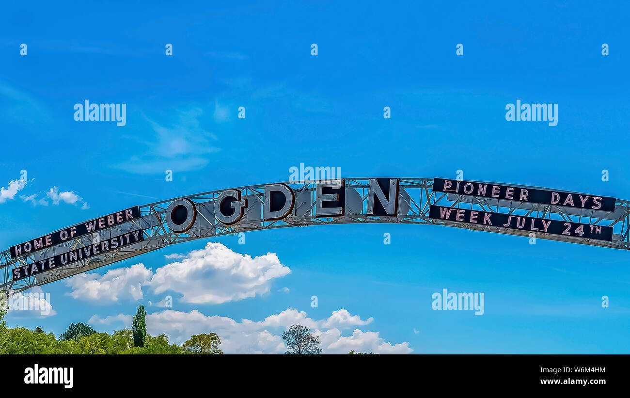Panorama Back view of the towering welcome arch at the city of Ogden in ...