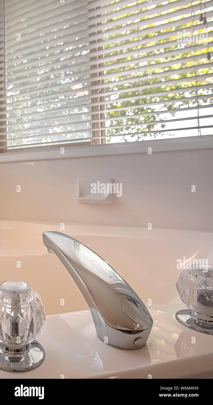 Vertical Polished bathtub with shiny faucet and double crystal handle ...