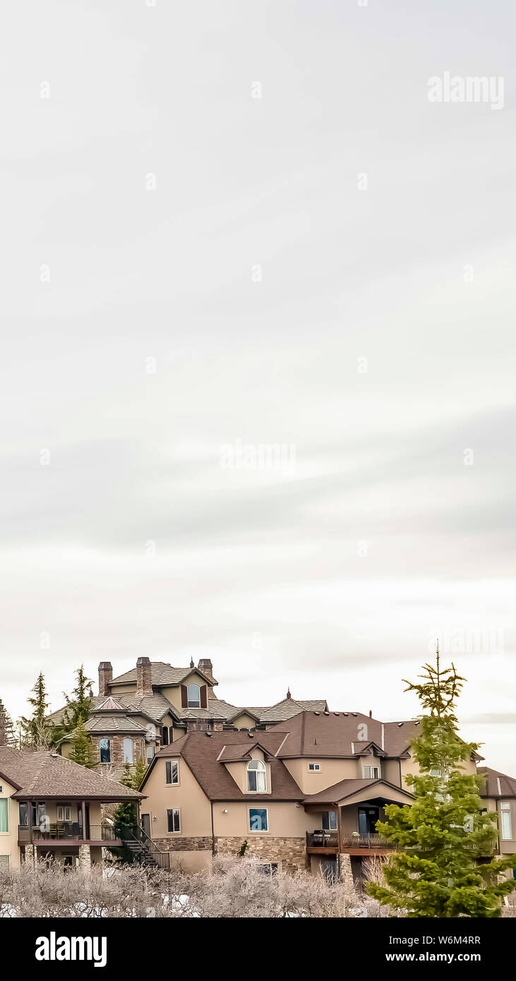 Vertical frame Luxurious multi storey homes on a snow covered mountain ...