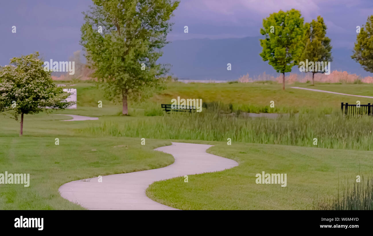 Panorama Curvy pathway small pond bench and trees on a grassy terrain ...